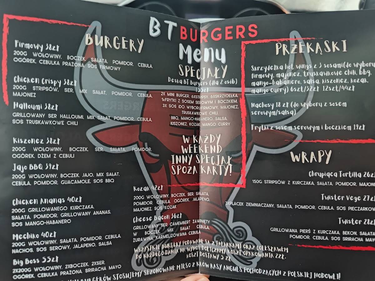 Menu at BT Burgers restaurant, Warsaw