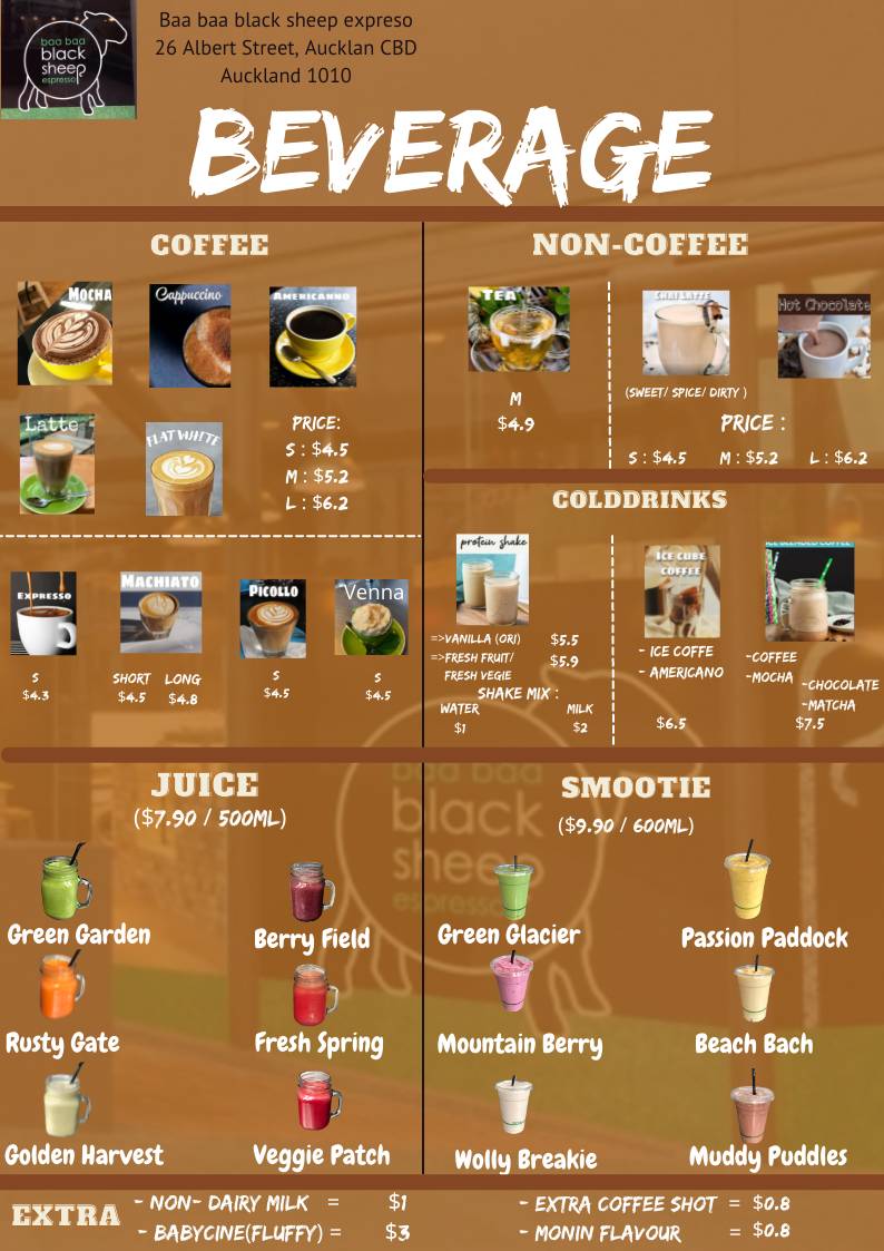 Menu at Baa Baa Black Sheep Espresso cafe, Auckland, 26 Albert St