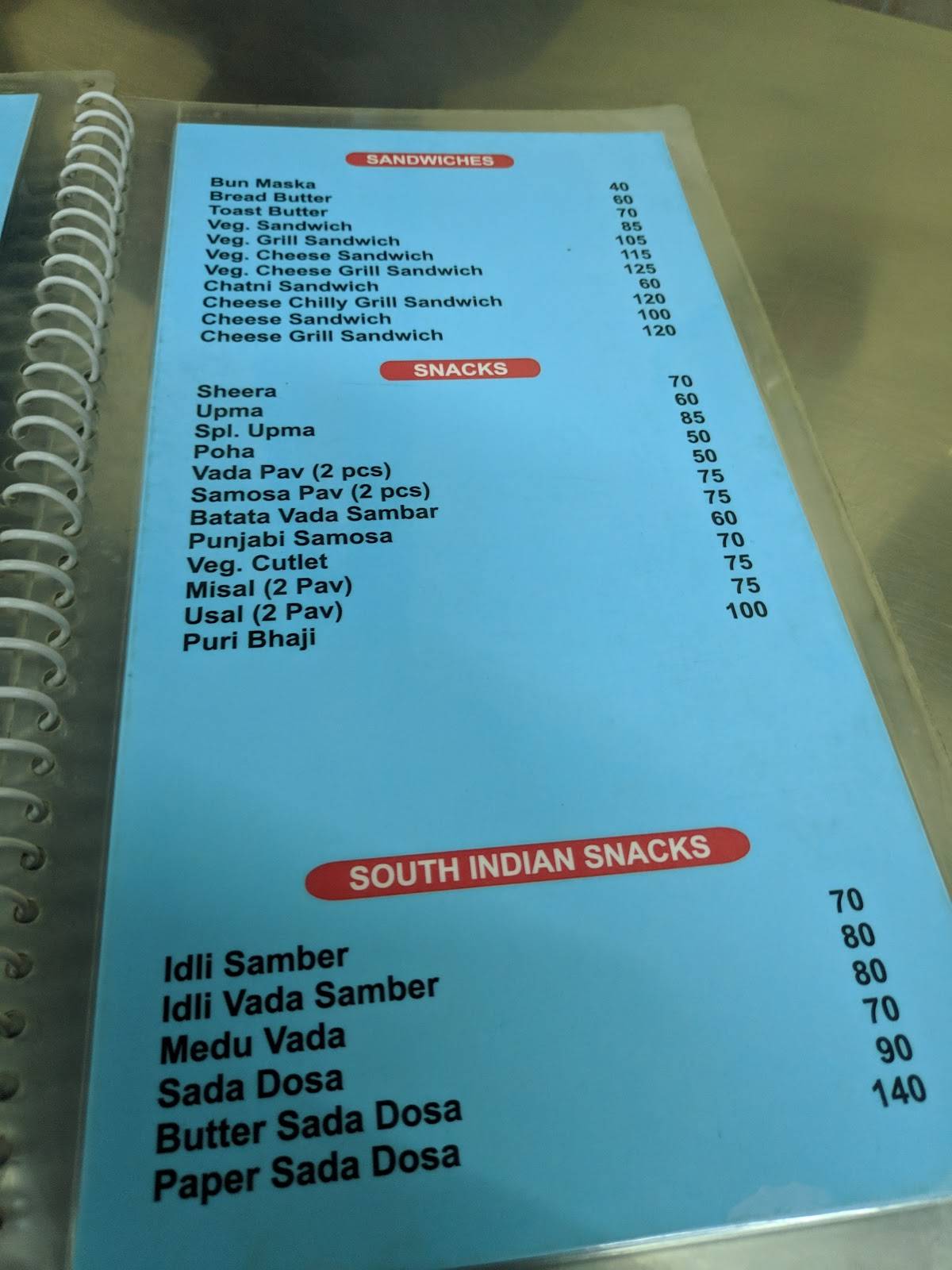 Menu at Baba’s Canteen, Mumbai