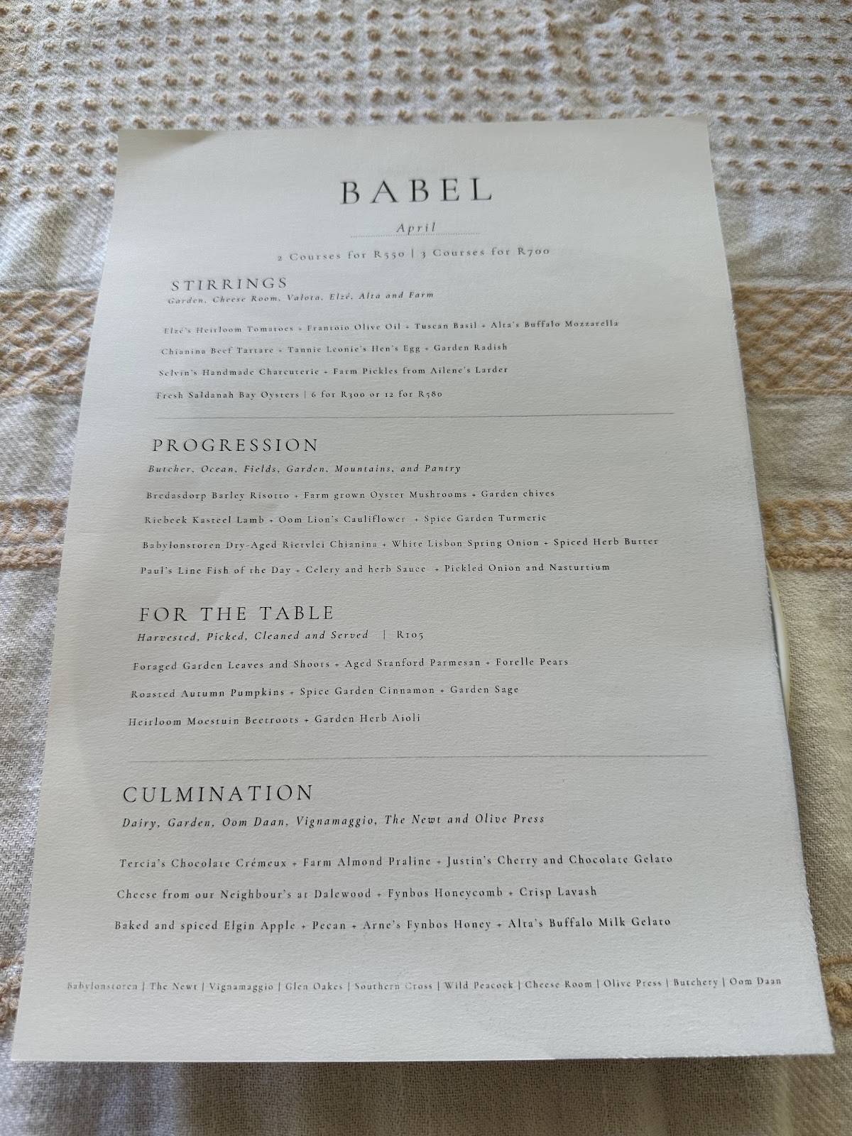 Menu at Babel at Babylonstoren restaurant, Cape Town, Klapmuts - Simondium Rd