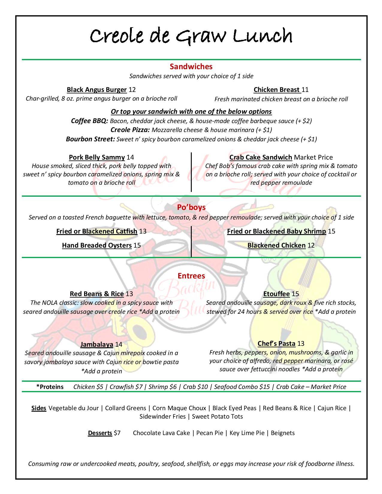 Menu at Backfin Blues Creole De Graw restaurant, Havre de Grace