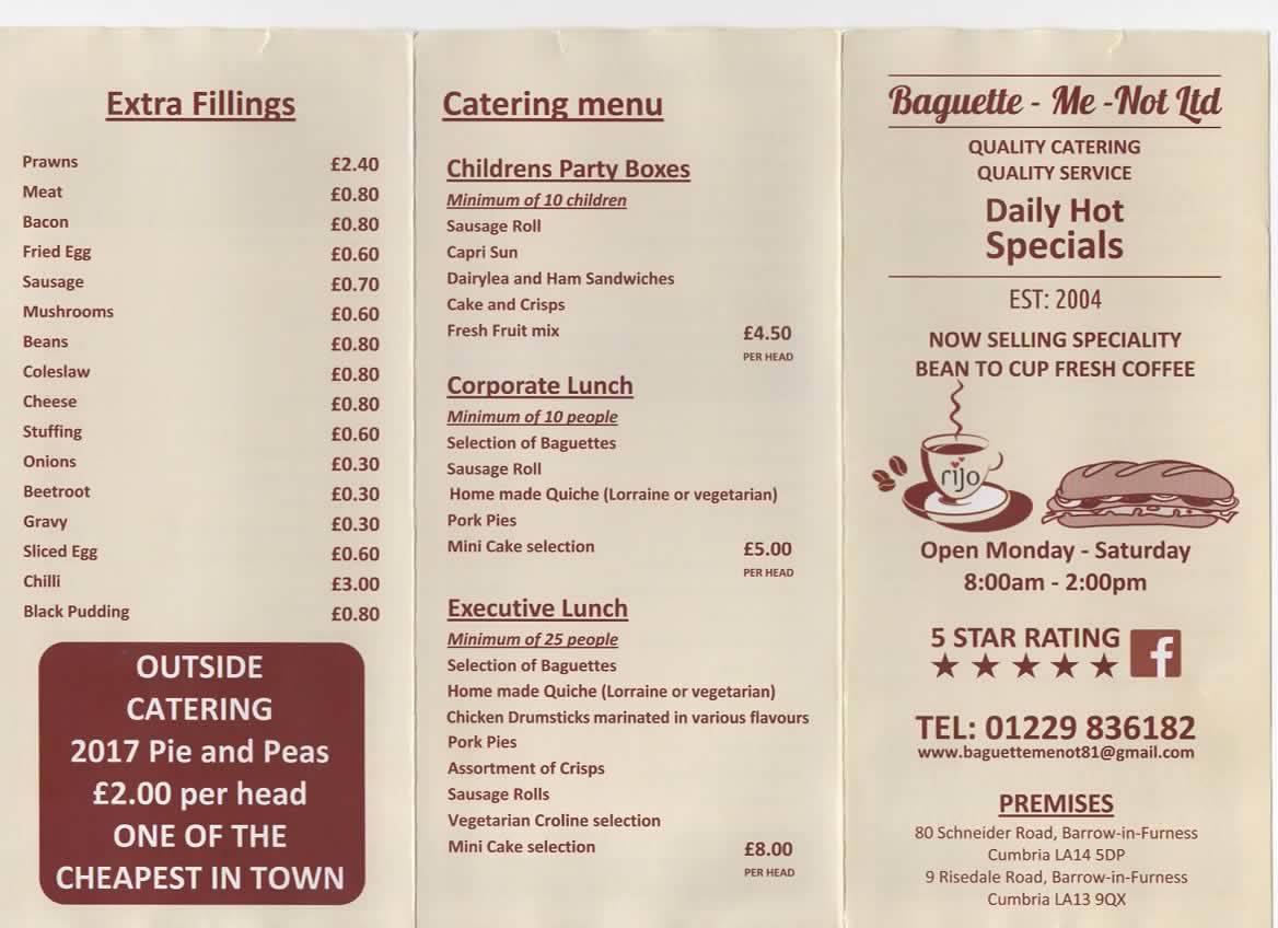 Menu at Baguette-Me-Not Ltd restaurant, Barrow-in-Furness, 80 Schneider Rd