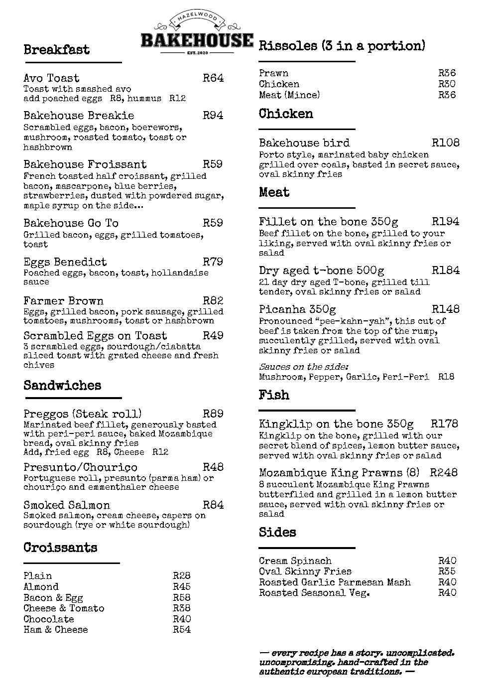 Menu at BakeHouse cafe, Pretoria