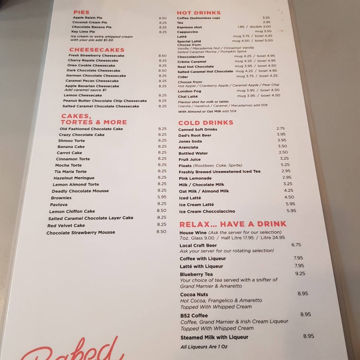 Menu au Baked Expectations desserts, Winnipeg