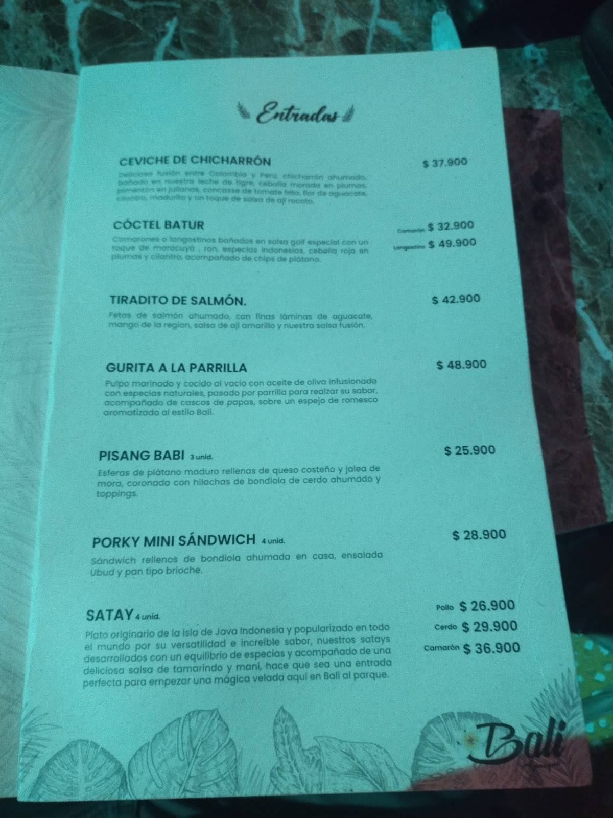 Carta de Restaurante Bali al Parque Cocina Fusión en Bucaramanga ...