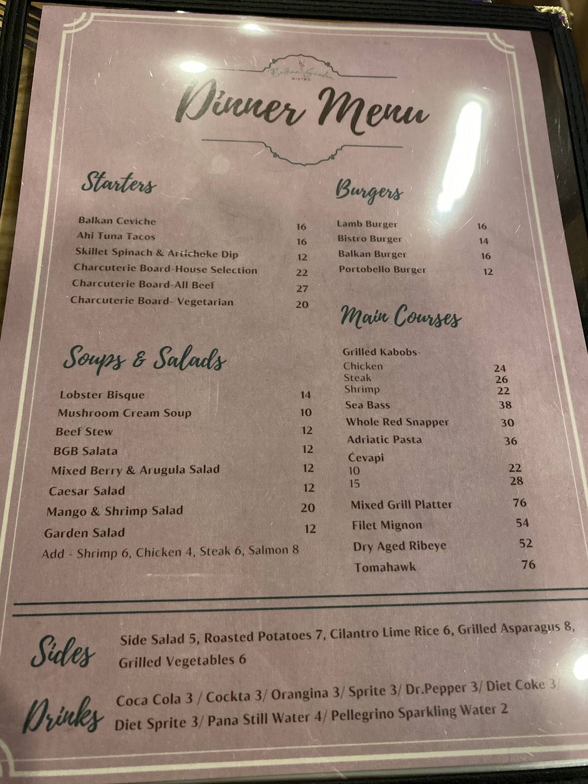 Menu at Balkan Garden Bistro restaurant, Grapevine