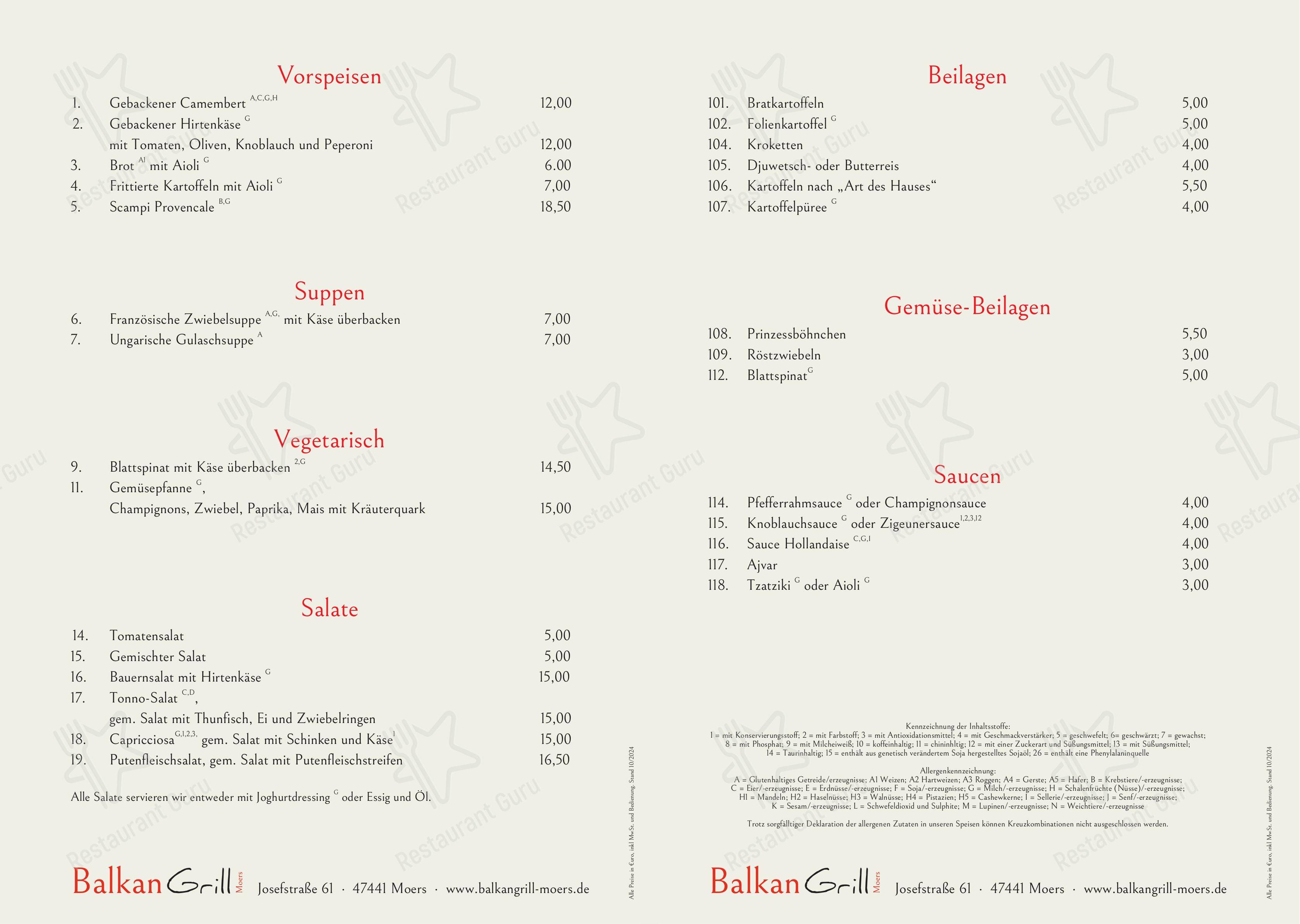 Menu au Balkan-Grill restaurant à viande, Moers, Josefstr. 61