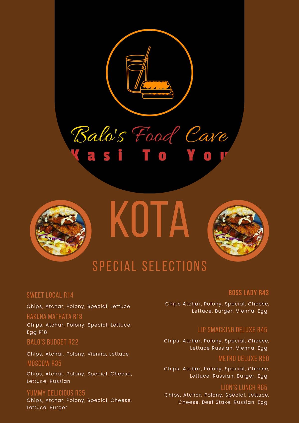 Menu at Balo's Food Cave restaurant, Centurion