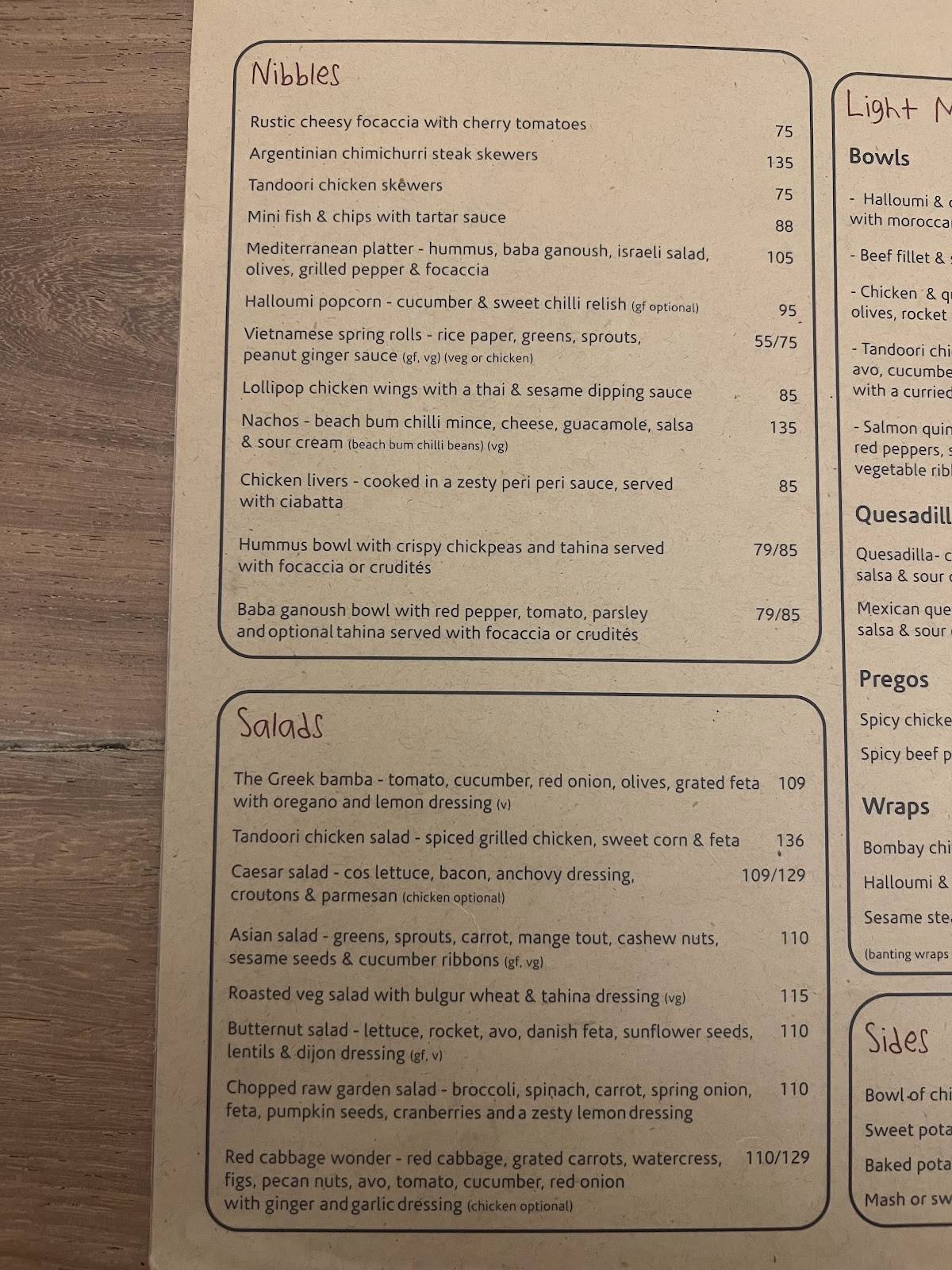Menu at Bambanani Melville restaurant, Johannesburg