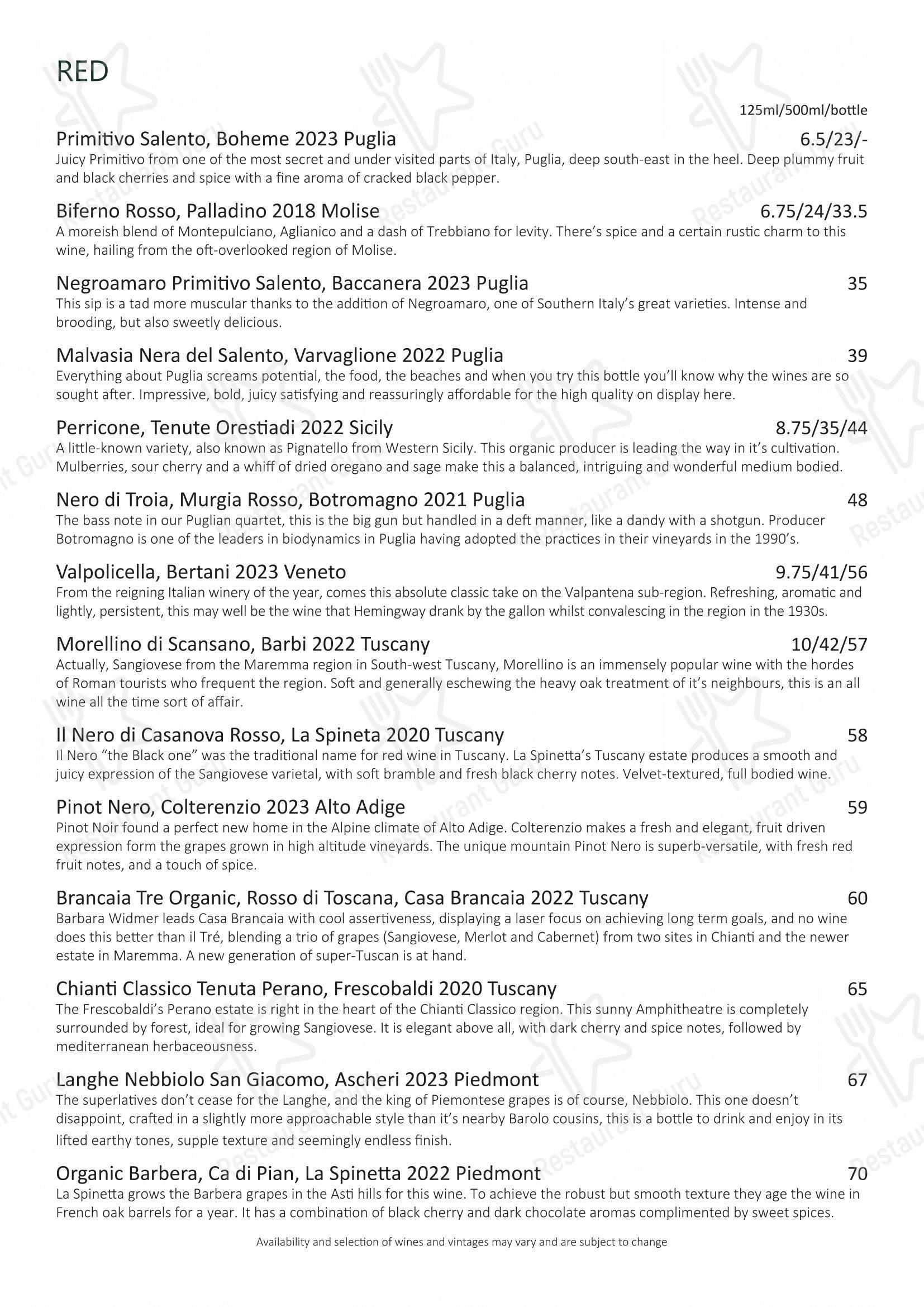 Menu at Bancone Covent Garden restaurant, London, 39 William IV St