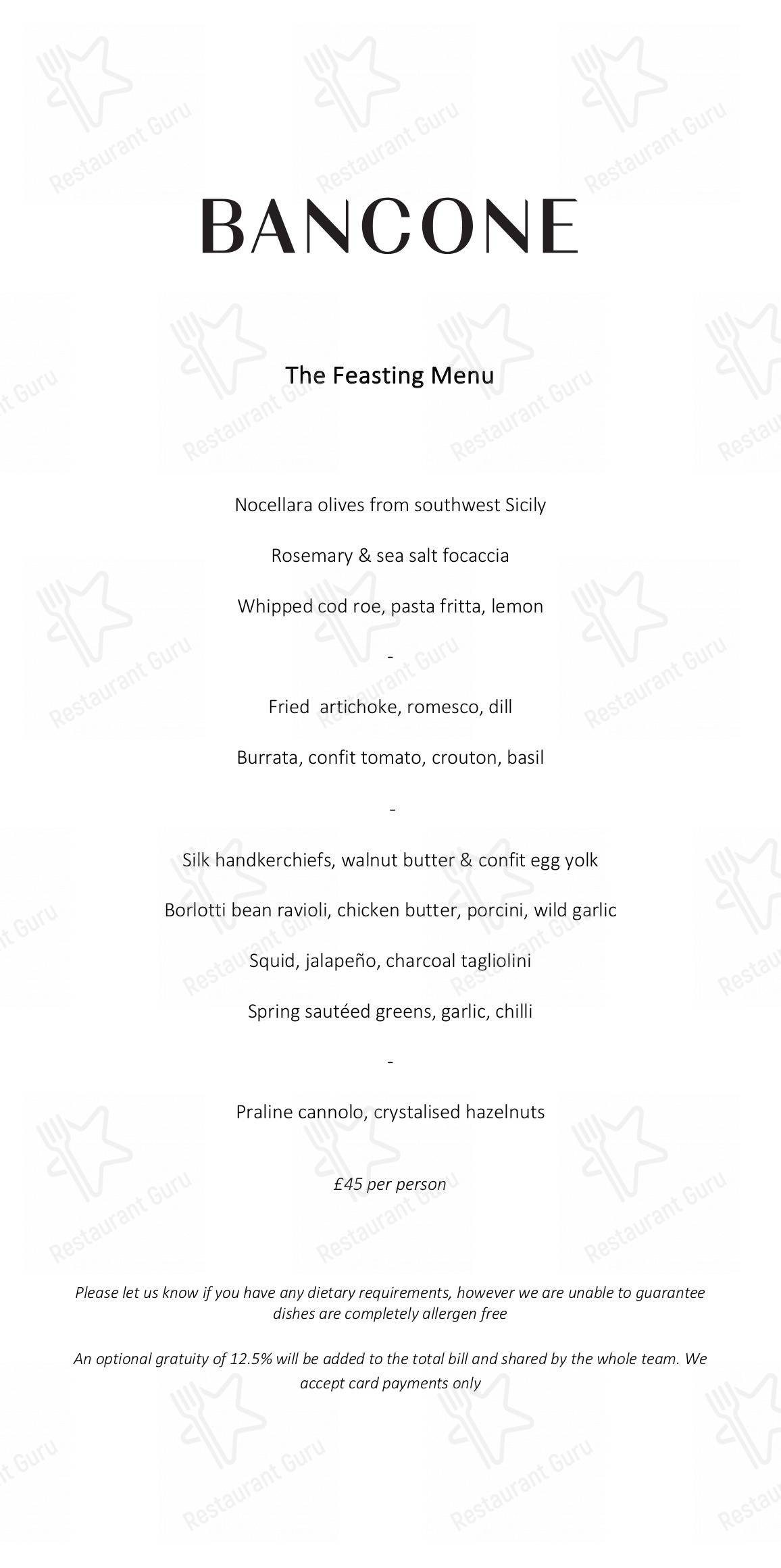 Menu at Bancone Covent Garden restaurant, London, 39 William IV St
