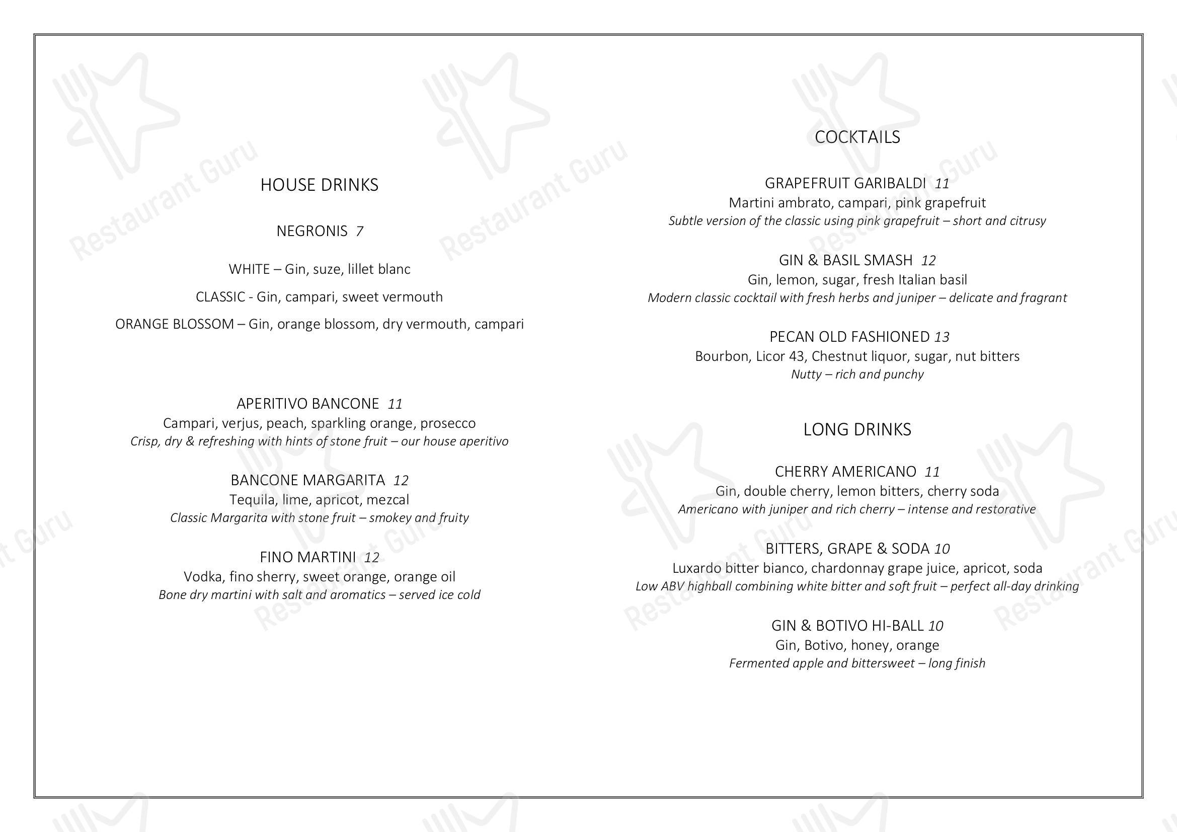 Menu at Bancone Covent Garden restaurant, London, 39 William IV St