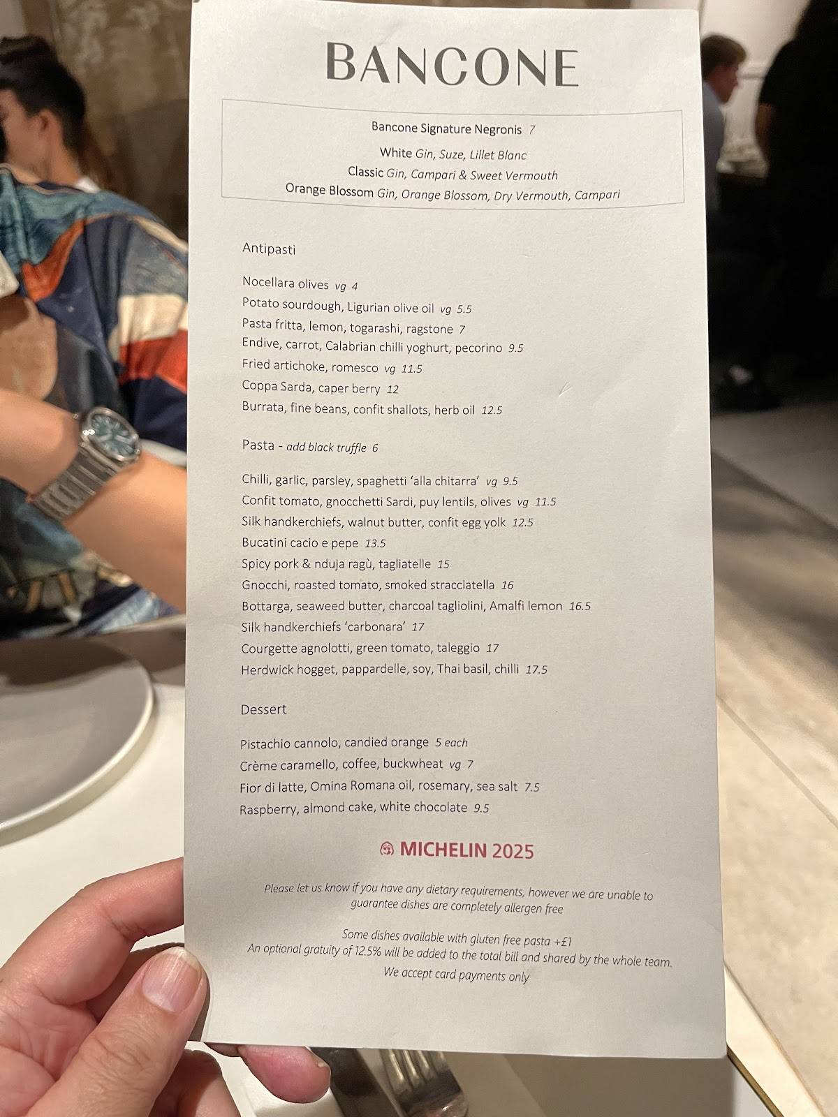 Menu at Bancone Covent Garden restaurant, London, 39 William IV St