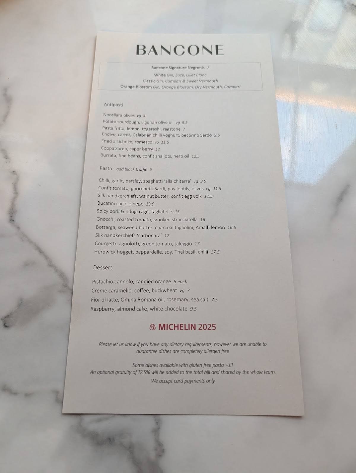 Menu at Bancone Covent Garden restaurant, London, 39 William IV St