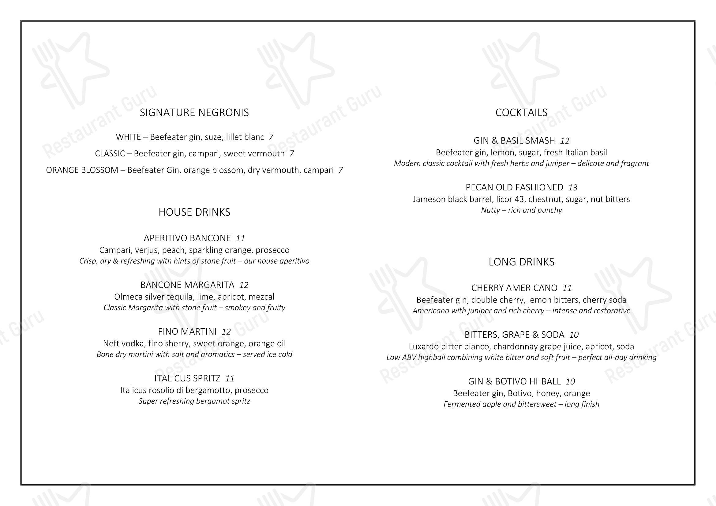 Menu at Bancone Covent Garden restaurant, London, 39 William IV St