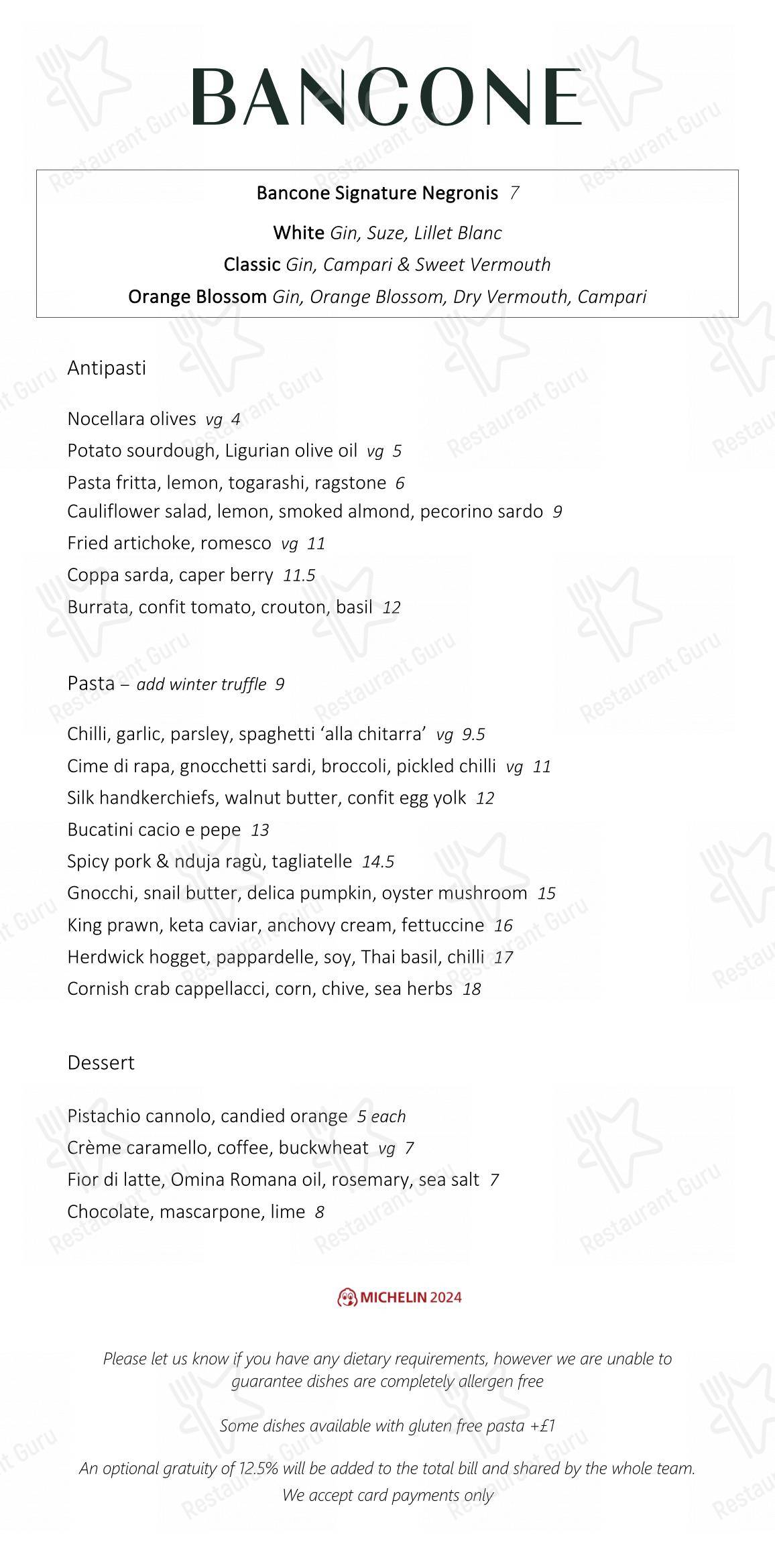 Menu at Bancone Covent Garden restaurant, London, 39 William IV St