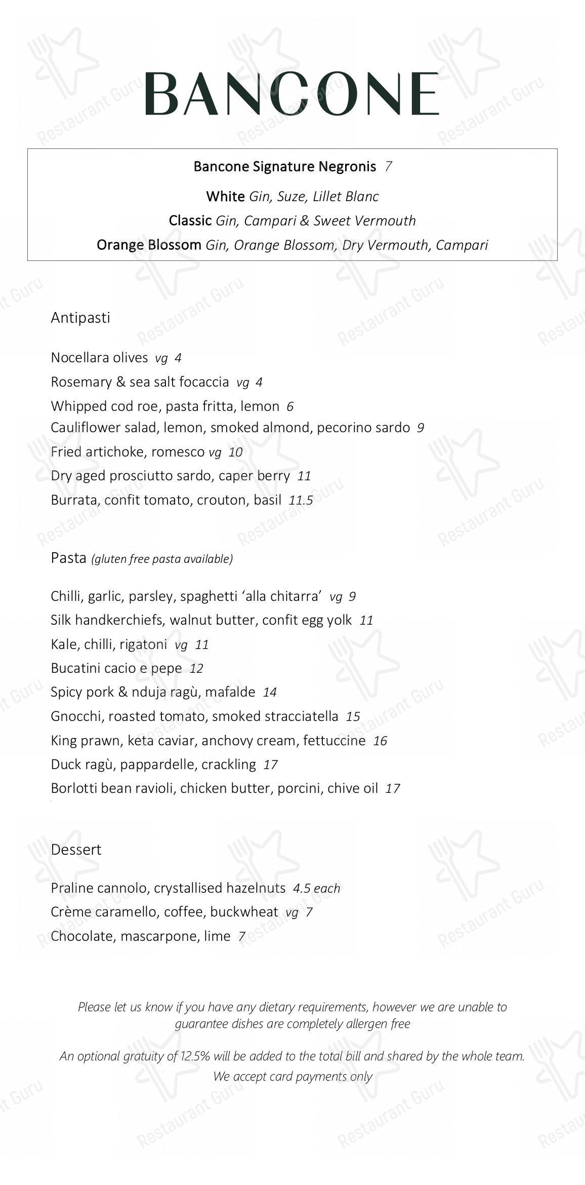 Menu at Bancone Covent Garden restaurant, London, 39 William IV St