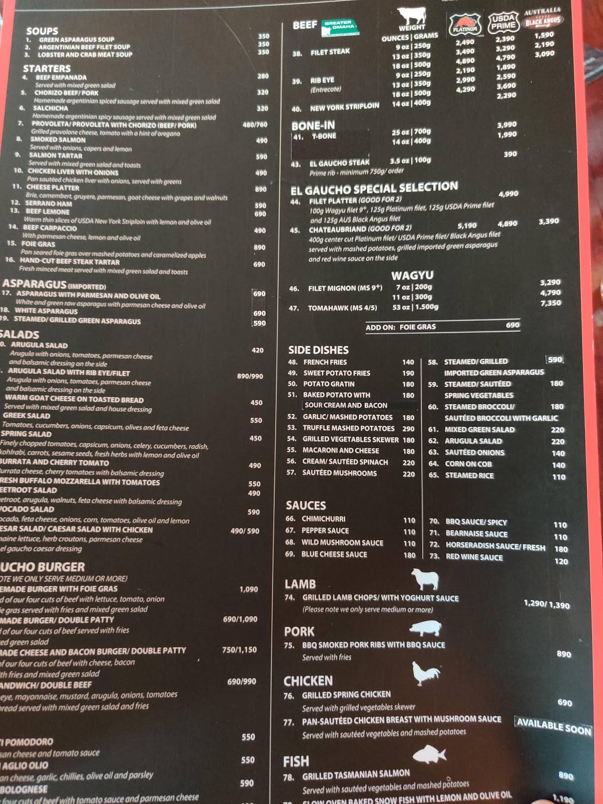 Menu at El Gaucho Sukhumvit Soi 19 restaurant, Bangkok, 8