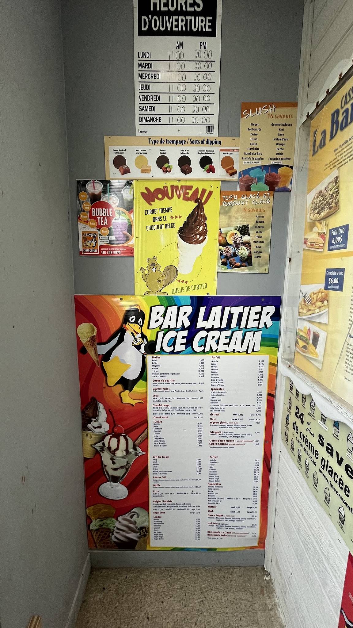 Menu au Bar Laitier La Banquise, Gaspé