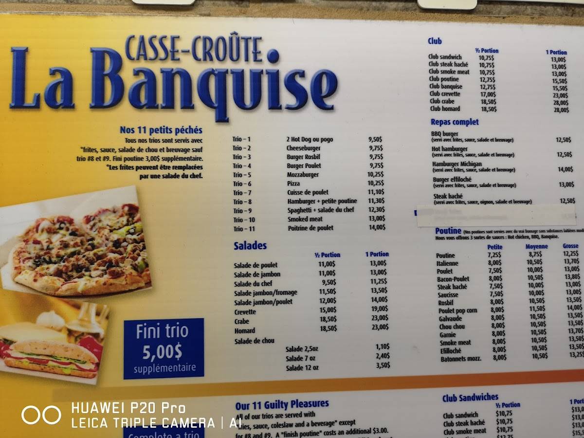 Menu au Bar Laitier La Banquise, Gaspé