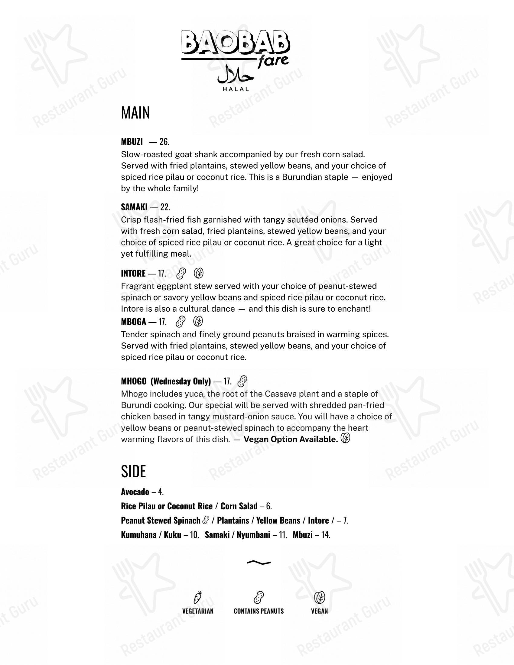 Menu at Baobab Fare pub & bar, Detroit