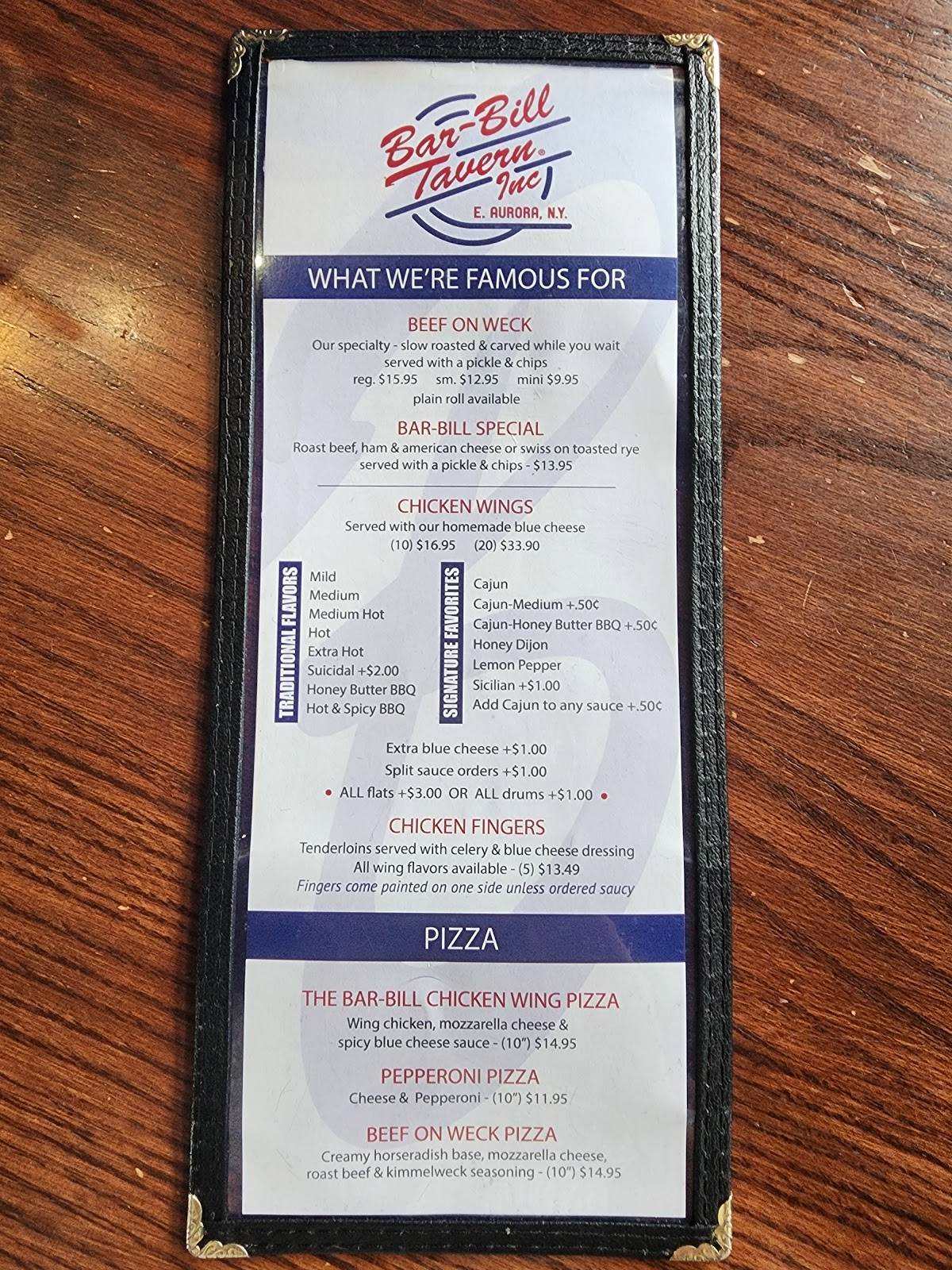 Menu at Bar-Bill Tavern, East Aurora, 185 Main St