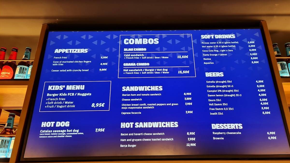 Menu at Barça Cafe, Barcelona