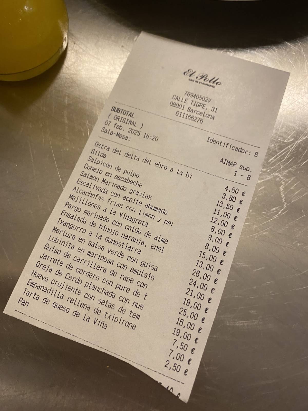 Carta del pub y bar El Pollo, Barcelona, Carrer del Tigre