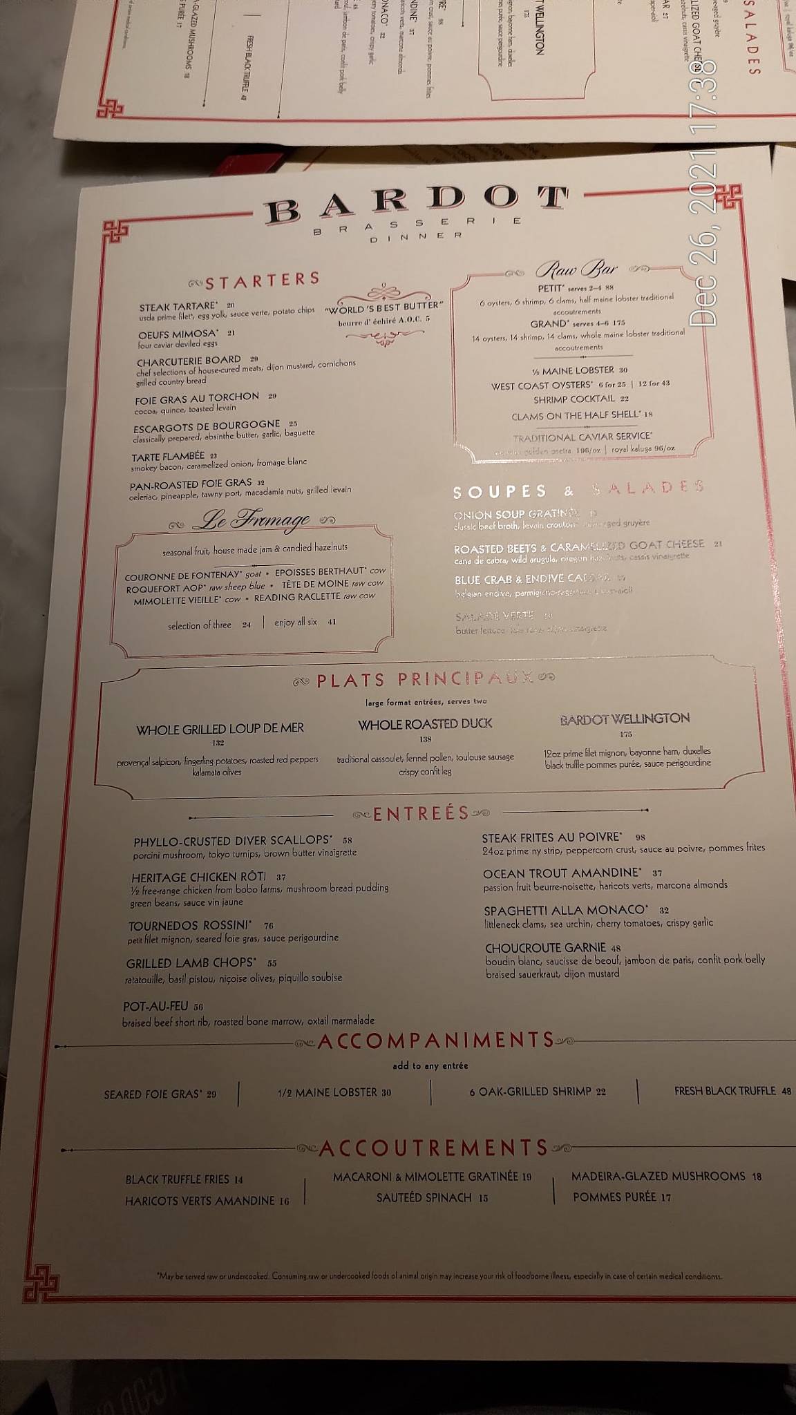 Menu at Bardot Brasserie, Las Vegas, 3730 S Las Vegas Blvd