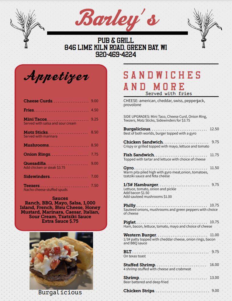 Menu at Barleys Pub & Grill, Green Bay