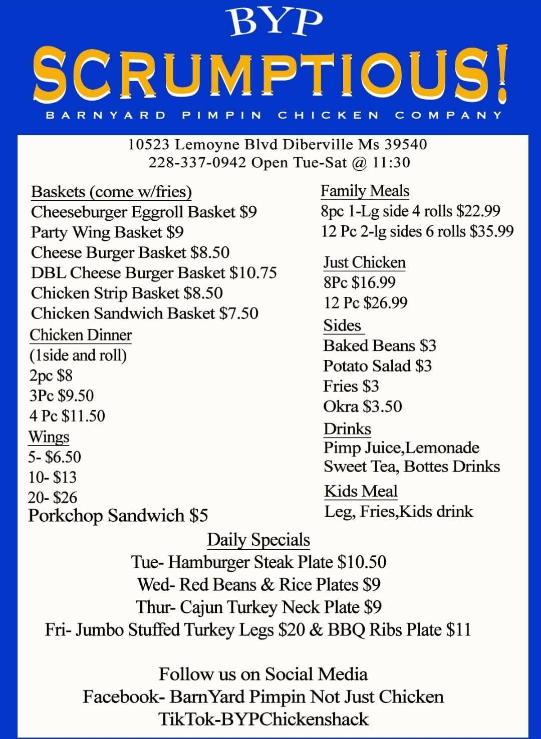 Menu at BarnYard Pimpin Scrumptious, D'Iberville