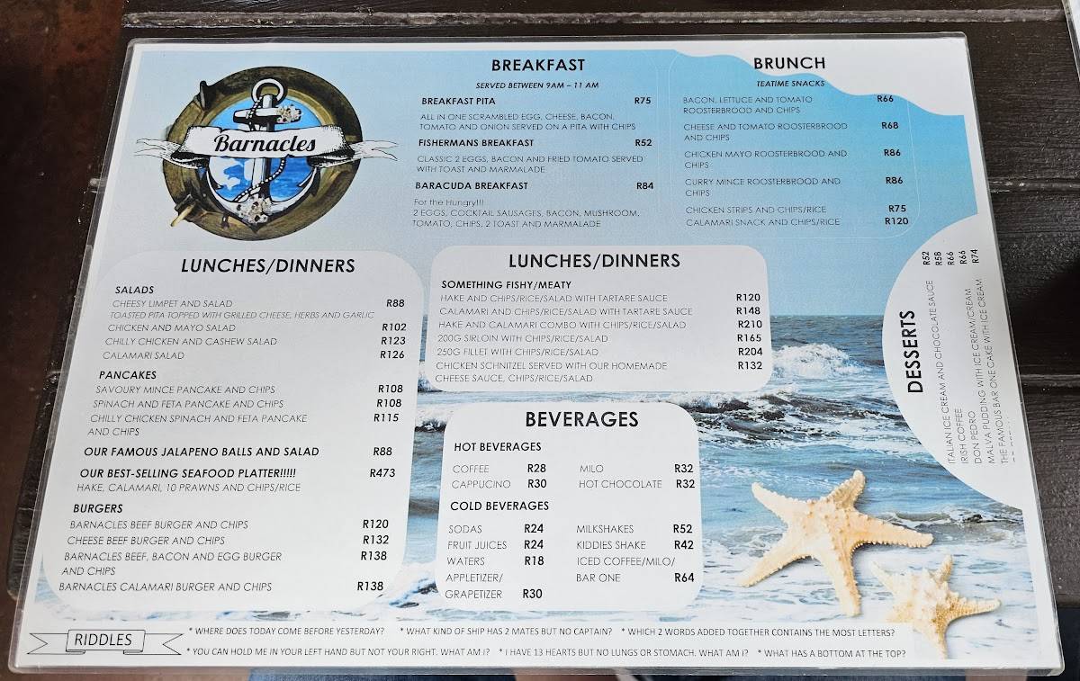 Menu at Barnacles Restaurant, Port Elizabeth