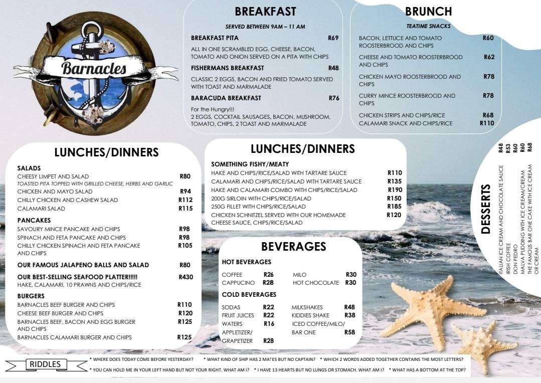 Menu at Barnacles Restaurant, Port Elizabeth