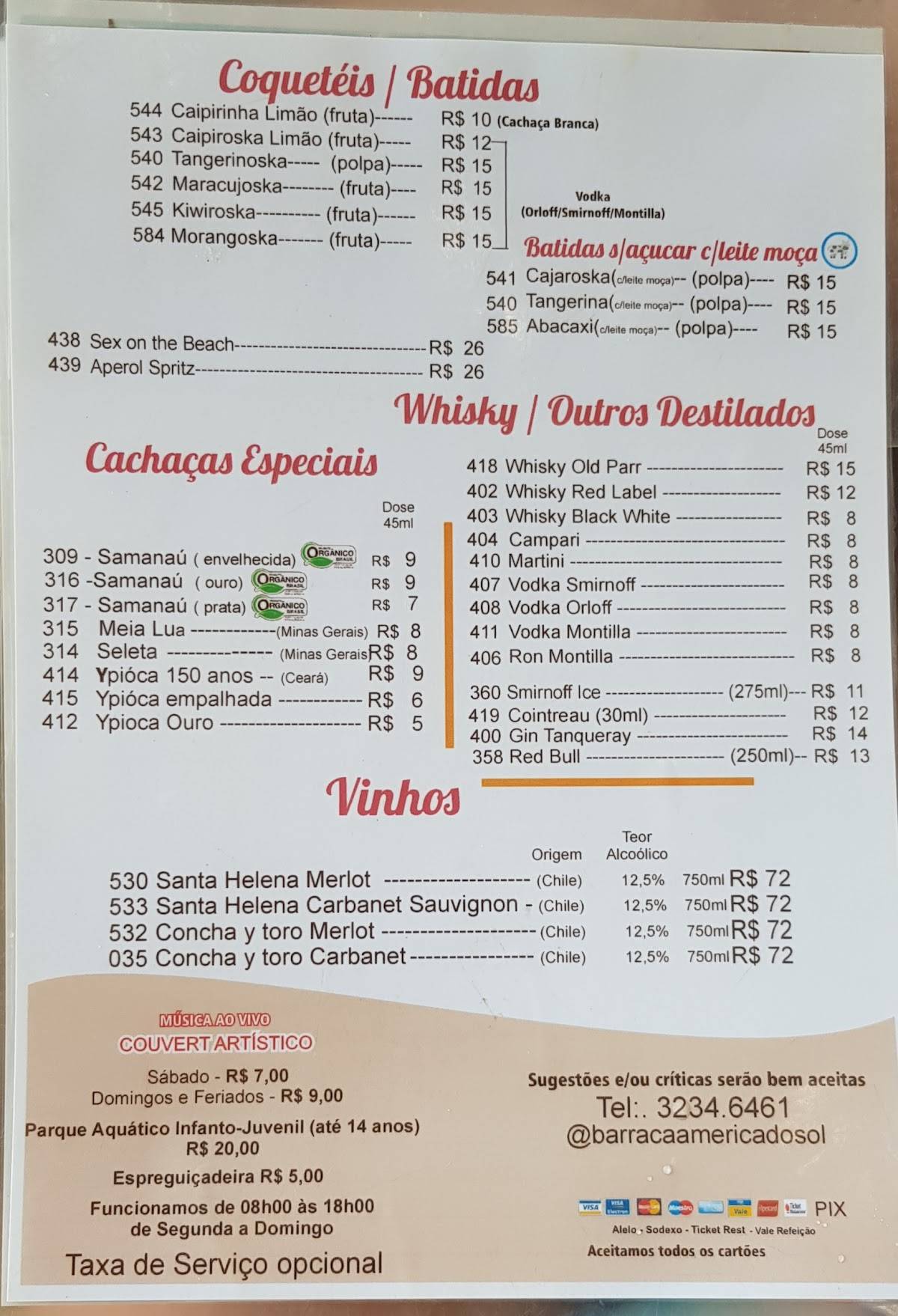 Menu em Barraca América do Sol, Fortaleza, Av. Zezé Diogo
