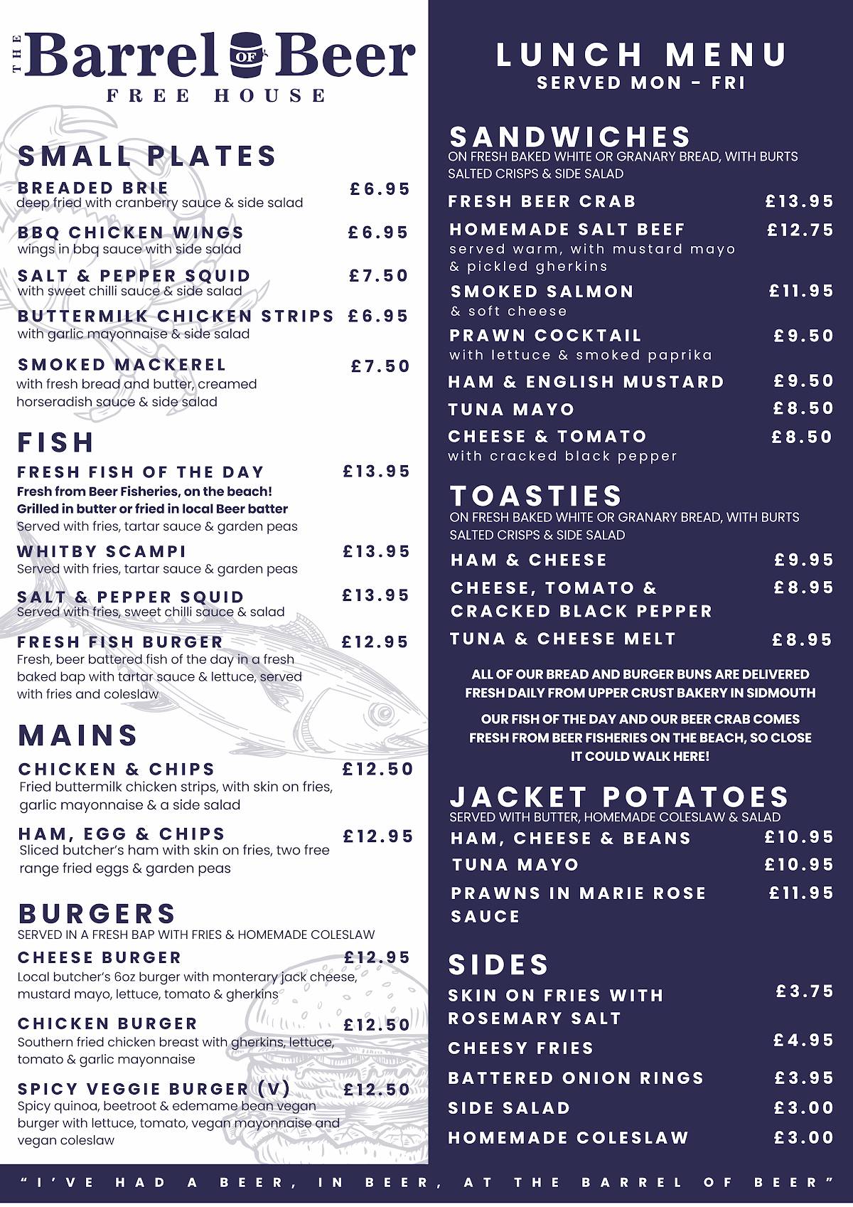 Menu at Barrel of Beer, Seaton