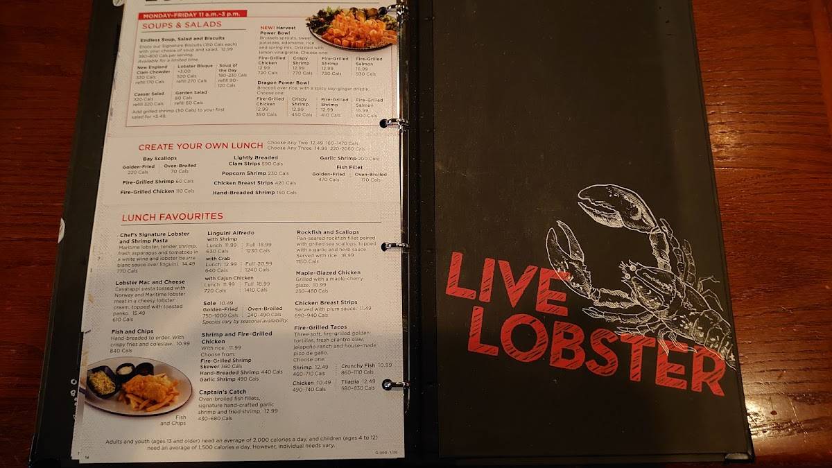 Menu at Red Lobster restaurant, Barrie