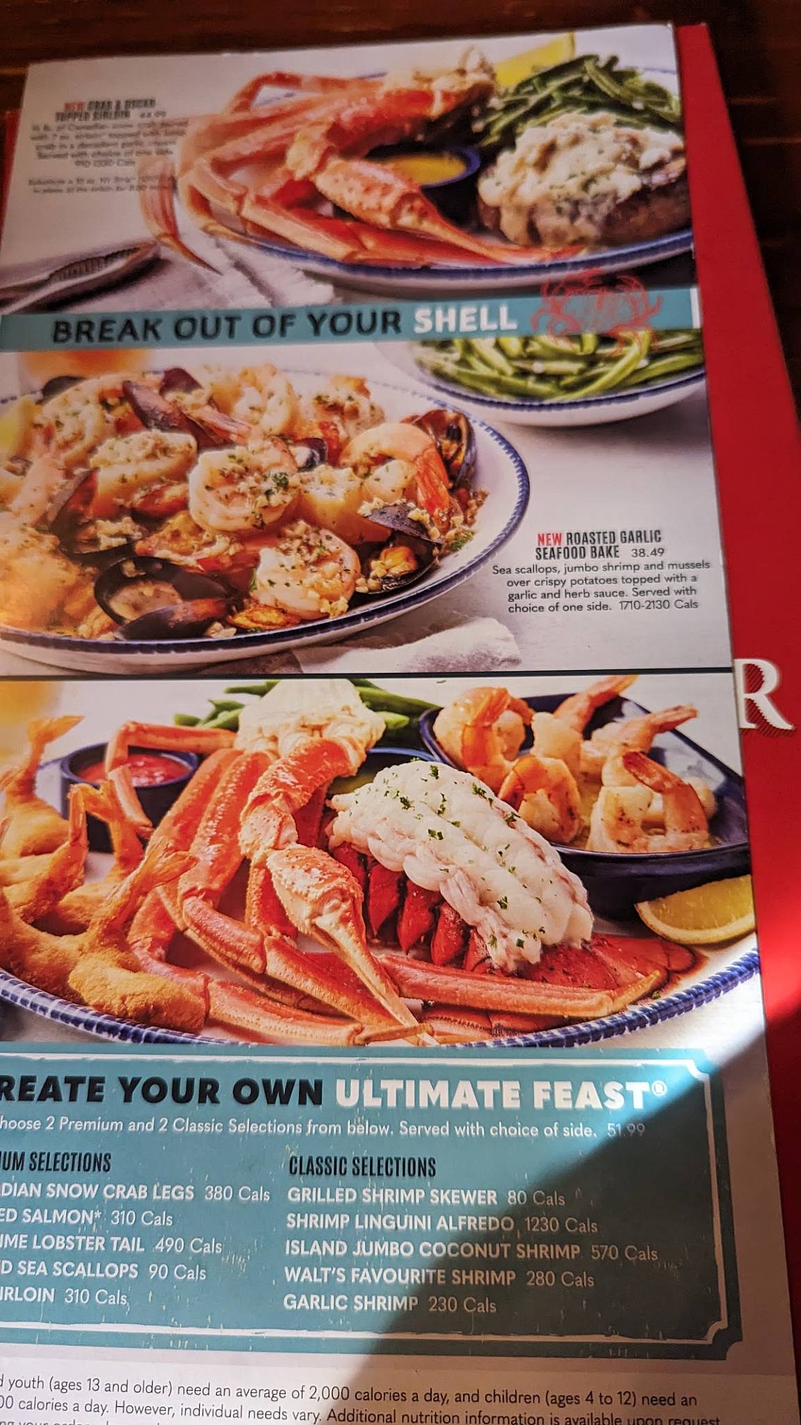 Menu at Red Lobster restaurant, Barrie