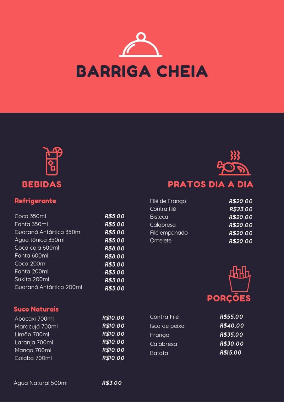 Carta de Barriga Cheia Bar & Restaurante, Cotia