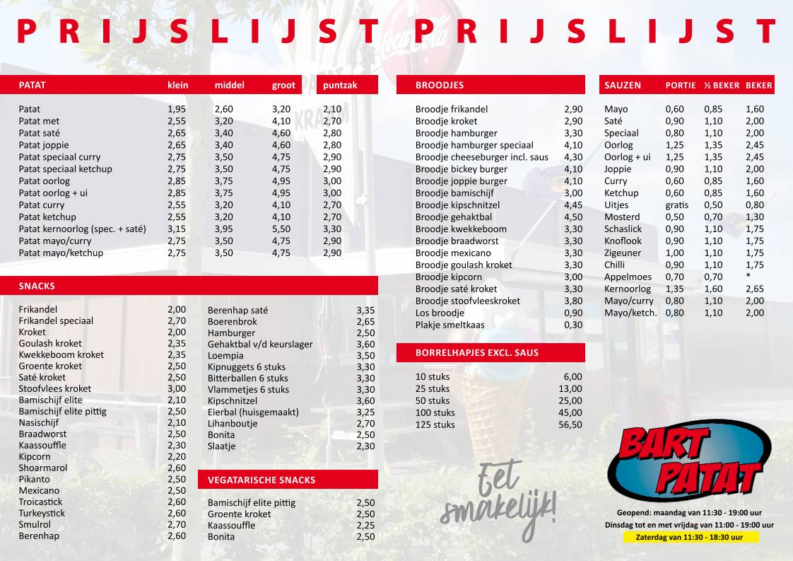 Menu at Bart Patat, Hoogeveen