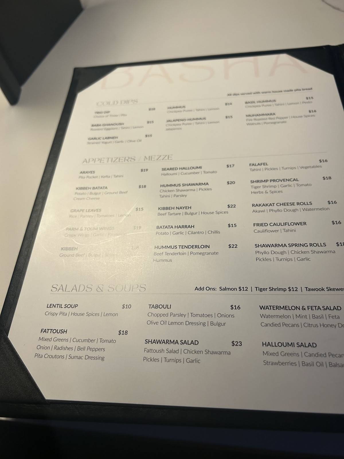 Menu at Basha Lebanese Restobar, London