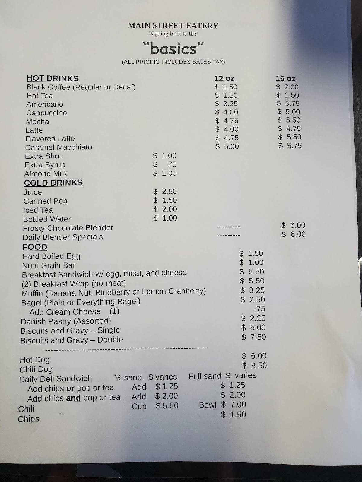 Carta del restaurante Basics, Quartzsite