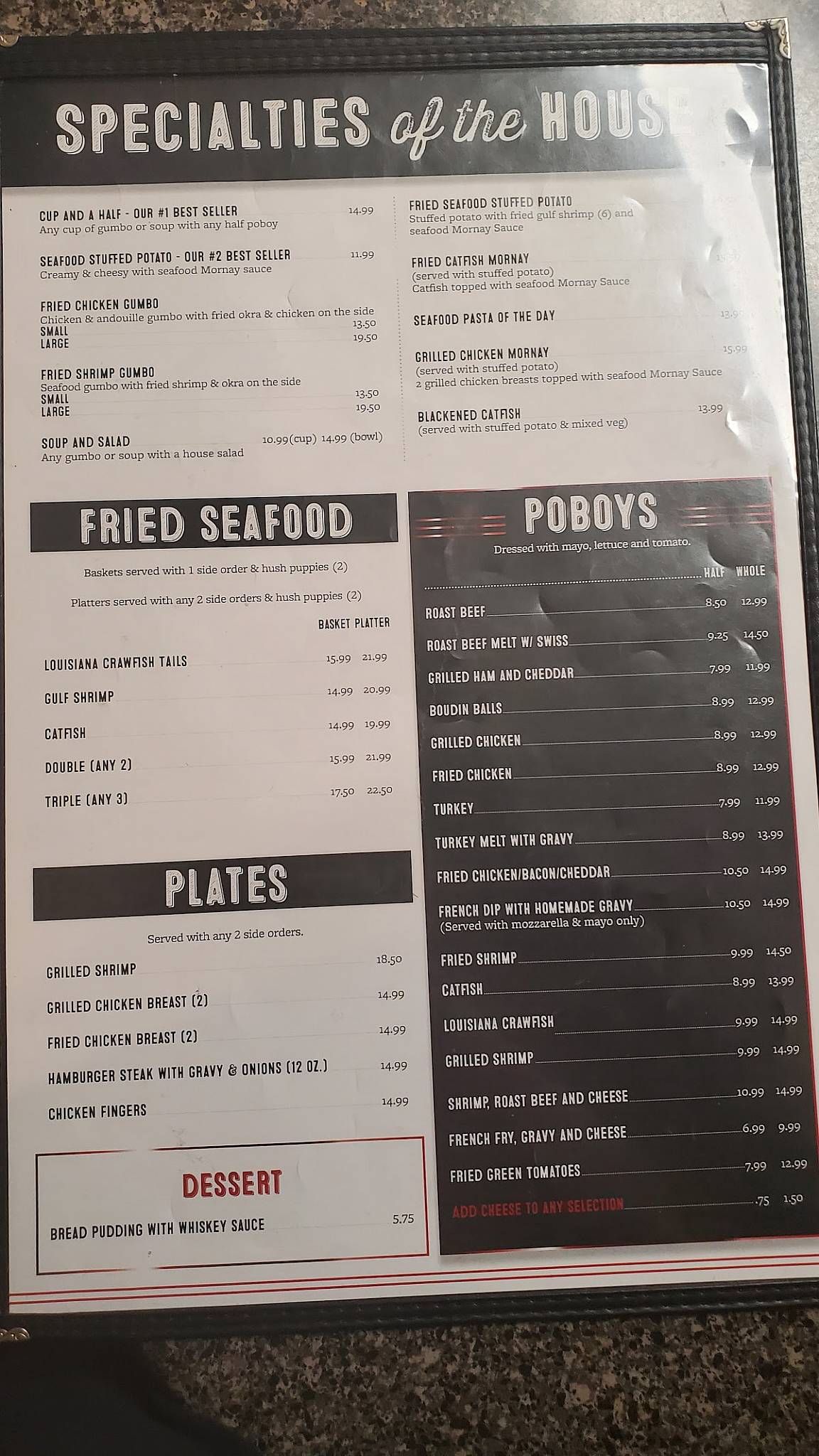 Menu at Dempsey's Poboys restaurant, Baton Rouge, Coursey Blvd