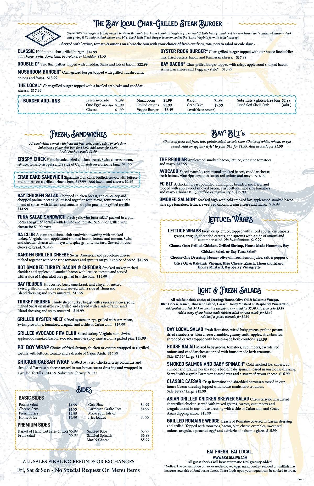 Menu at Bay Local Eatery restaurant, Virginia Beach, General Booth Blvd