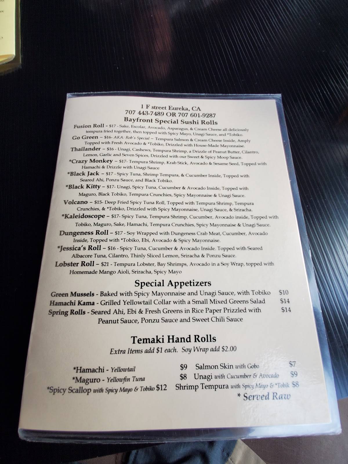 Menu at Bayfront Restaurant, Eureka