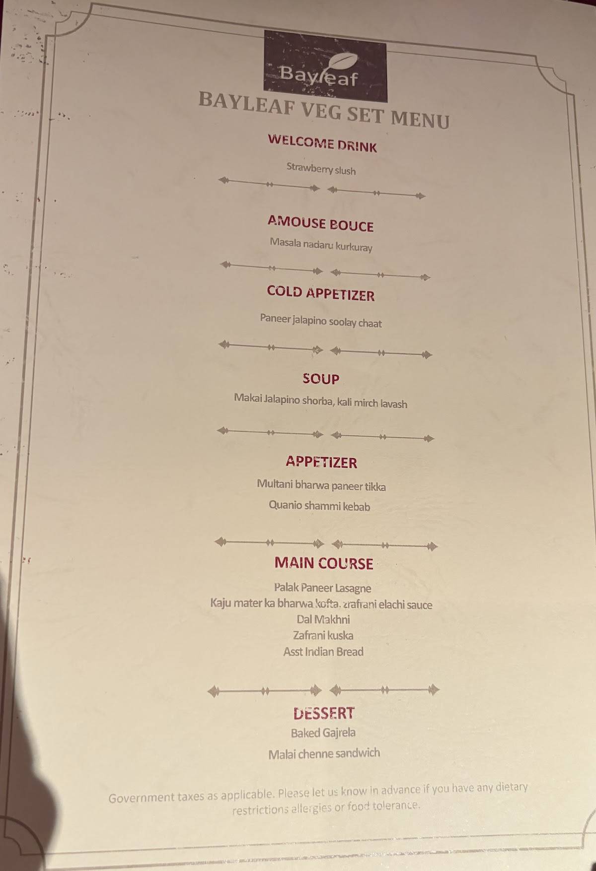 Menu at Bayleaf, Ahmedabad