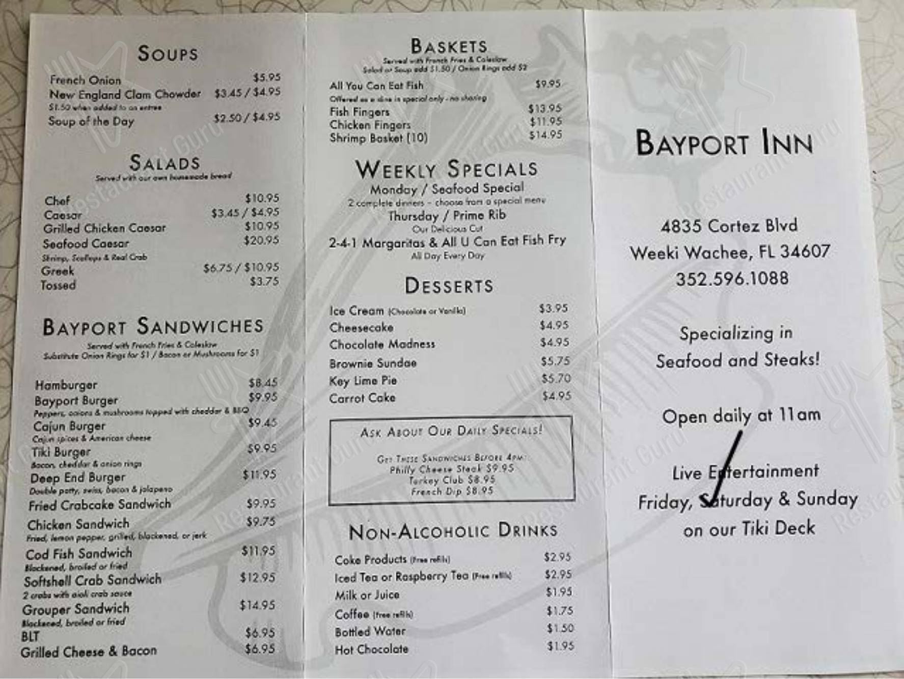 Menu at Bayport Inn pub & bar, Bayport, Cortez Blvd