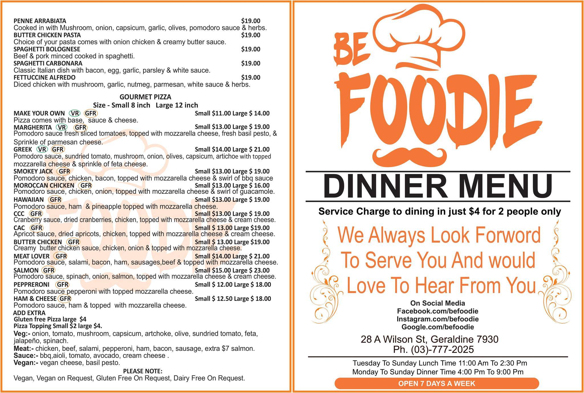 Menu at Be Foodie pizzeria, Geraldine