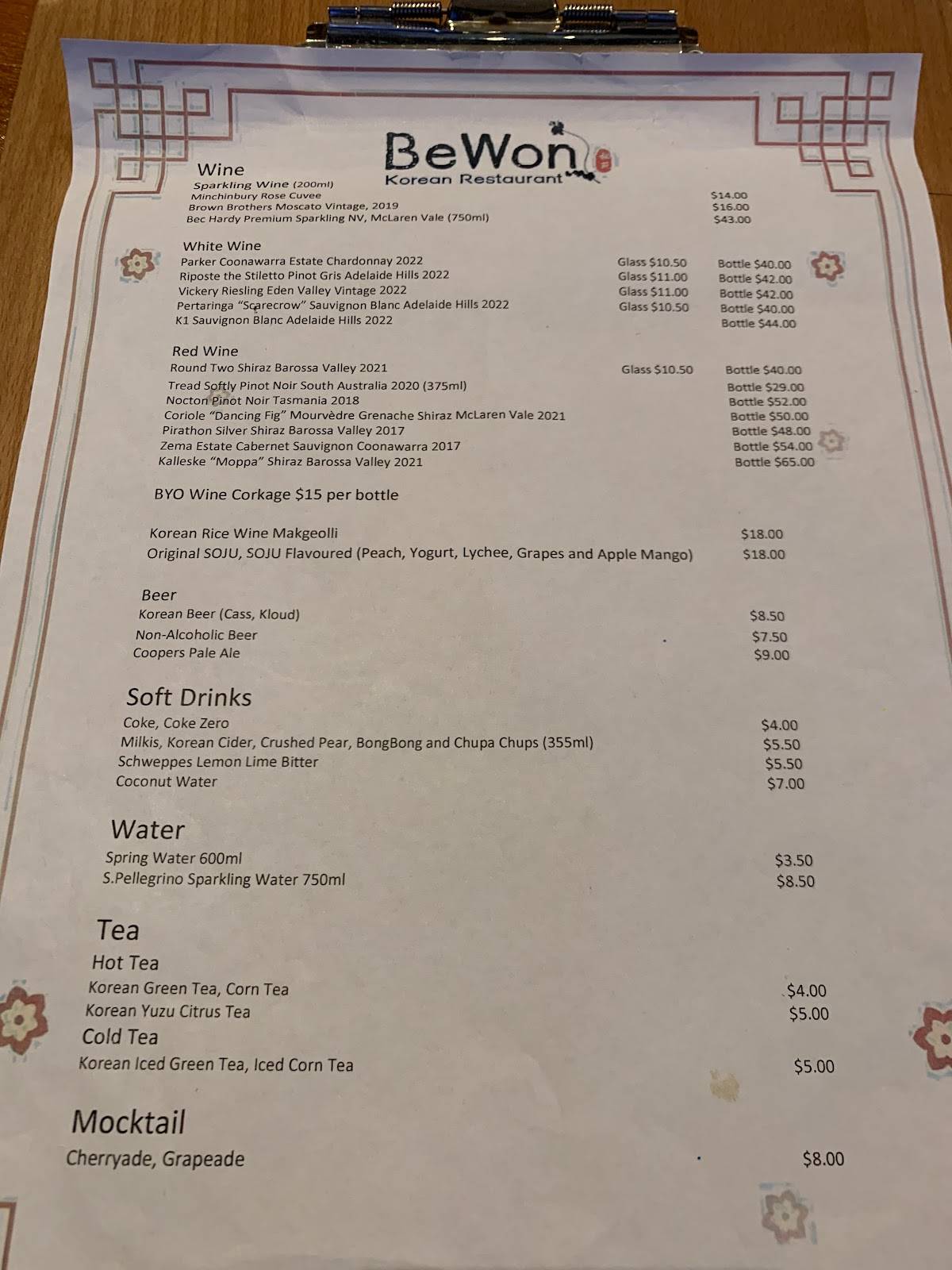 Menu at BeWon Korean Restaurant, Adelaide