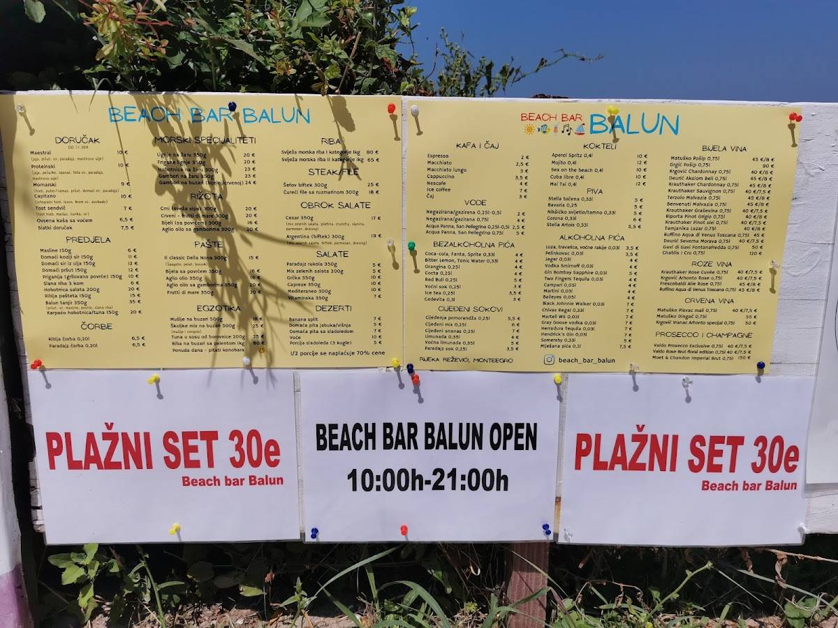 Menu at Beach Bar Balun, Montenegro