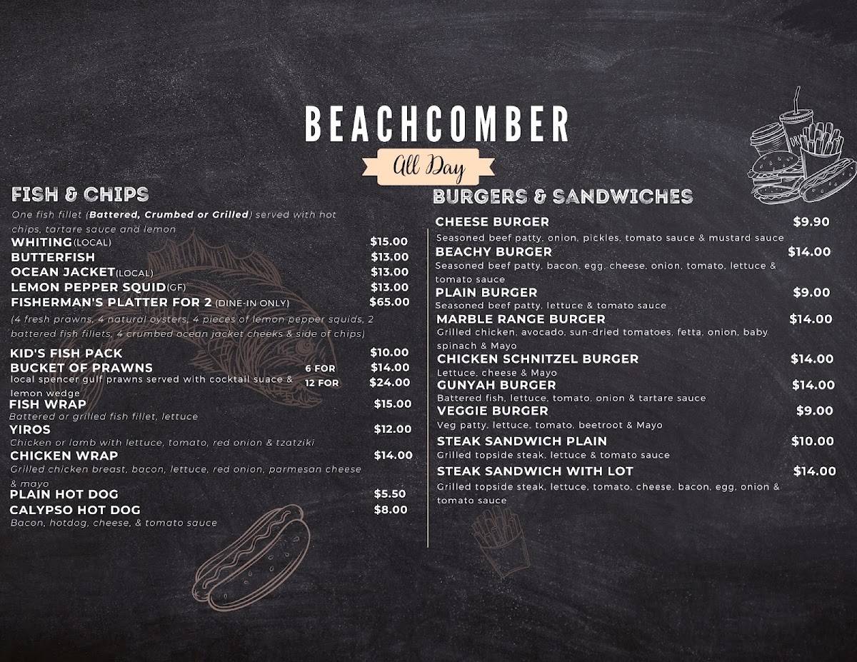 Menu at Beachcomber fast food, Coffin Bay